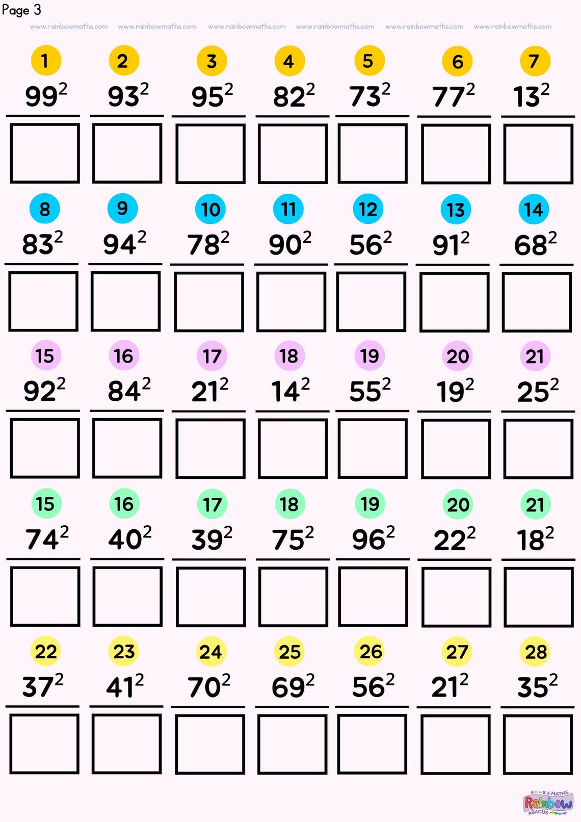 Two Digit Square Numbers 10 Worksheets: Math Practice Made Easy Maths ...