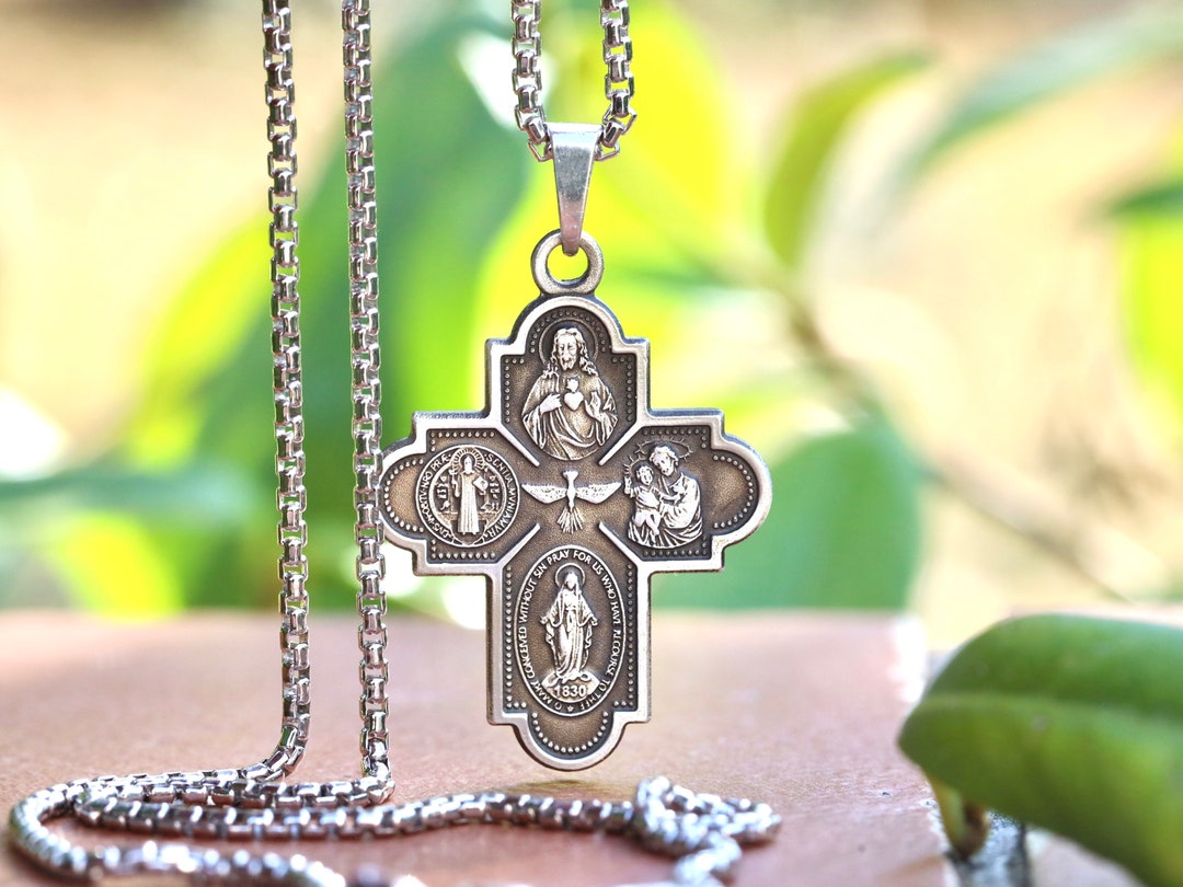 Elegant 4-way Cross With Multiple Saints - Oxidized Antique Sterling ...