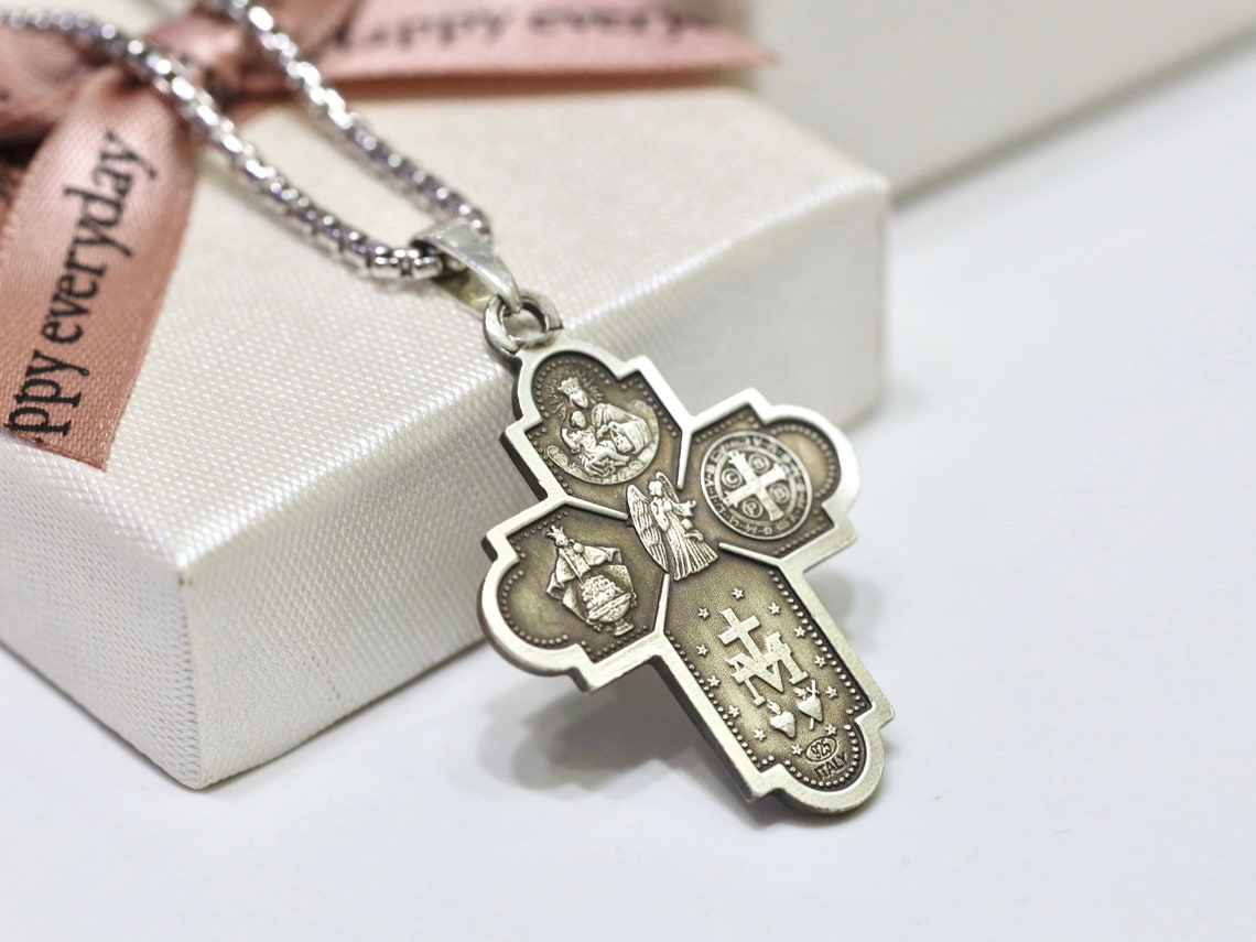 Elegant 4-way Cross With Multiple Saints - Oxidized Antique Sterling ...
