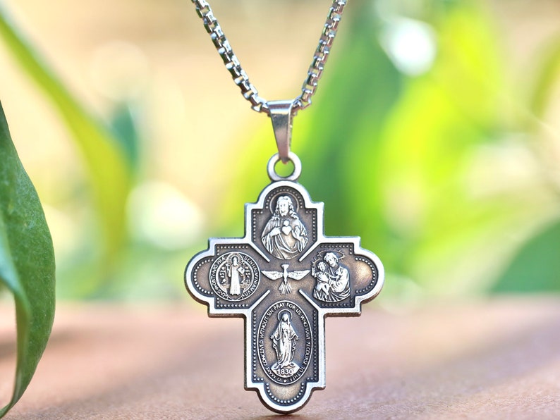 Elegant 4-way Cross With Multiple Saints - Oxidized Antique Sterling ...