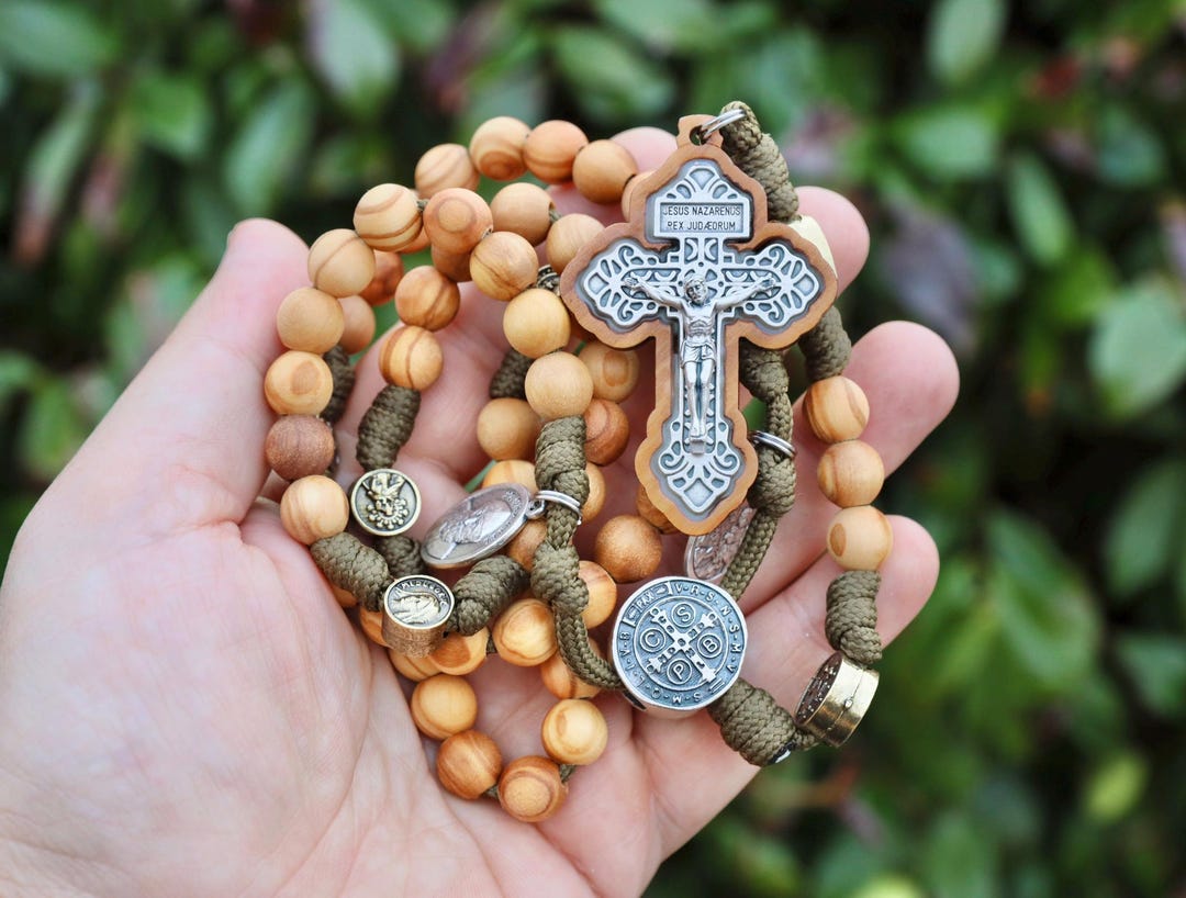 Large Olive Wood Paracord Rosary, Pardon Cross Rosary With Catholic ...
