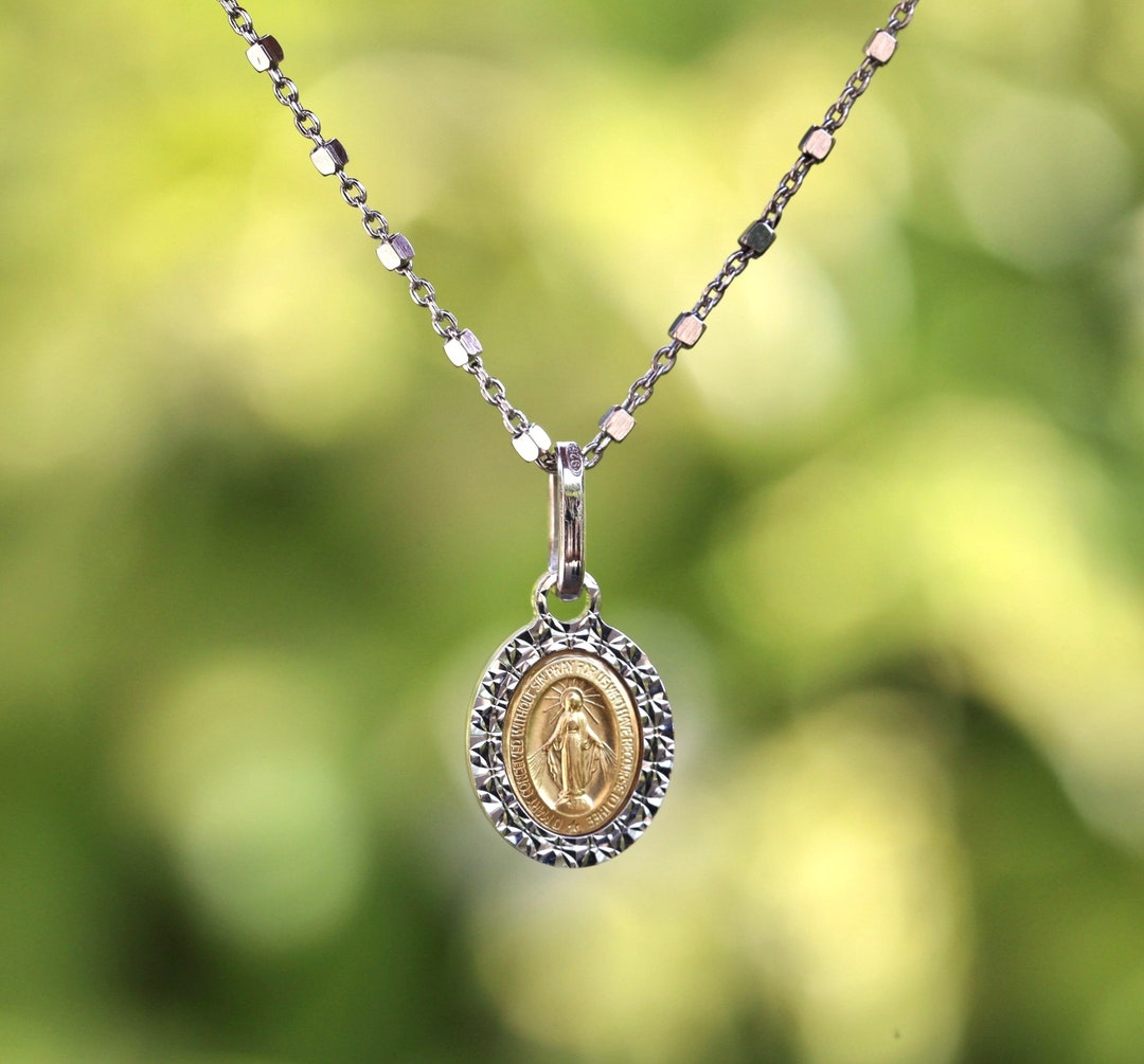 Delicate Two-tone Miraculous Medal Necklace | Sterling Silver 925 ...
