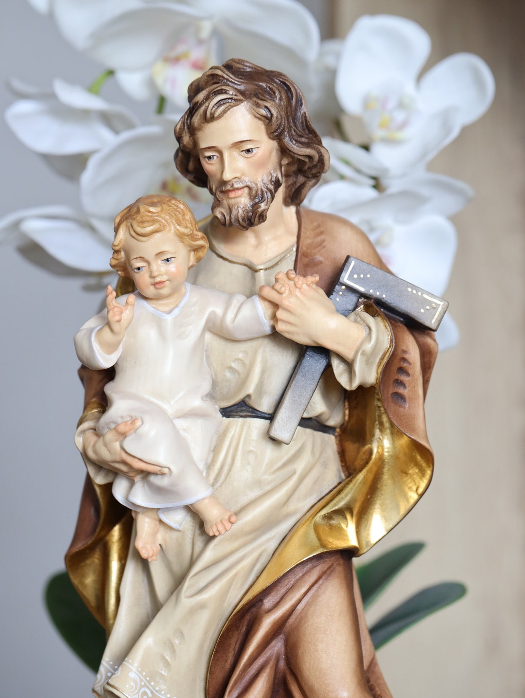 Handmade Saint Joseph & Baby Jesus Wood Statue - Val Gardena, 15 Inch ...
