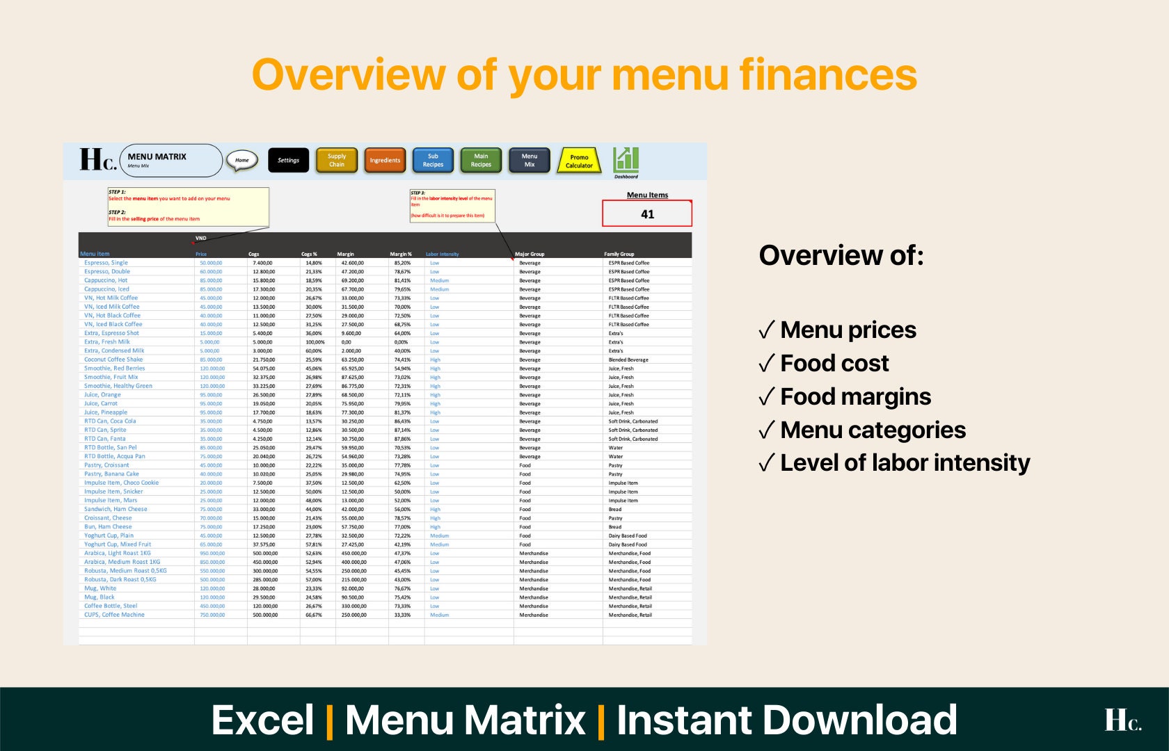 Matriz de menú / Inventario de restaurantes y plantilla de costos de ...