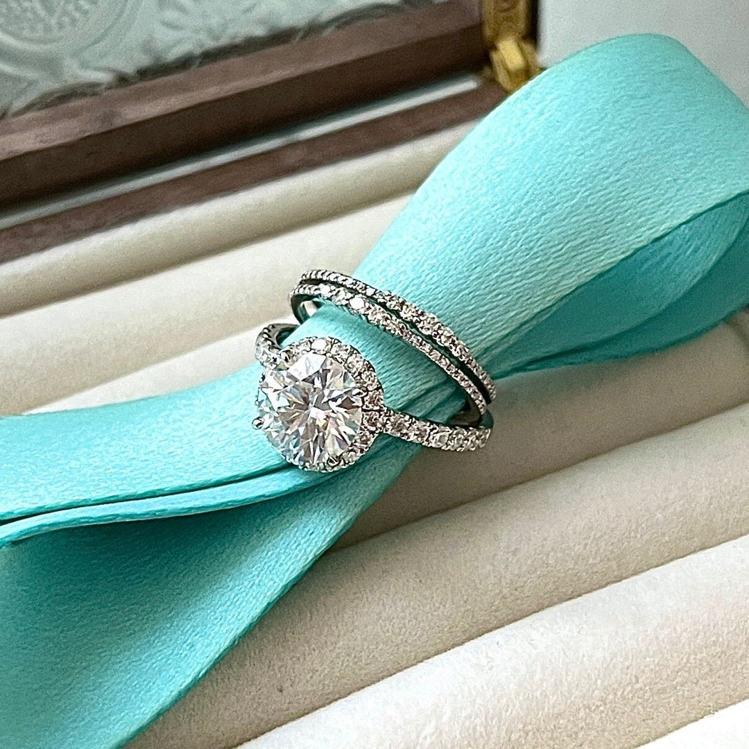 2ct Moissanite Bridal Ring Set With Double Pave Open Shank Wedding Band ...