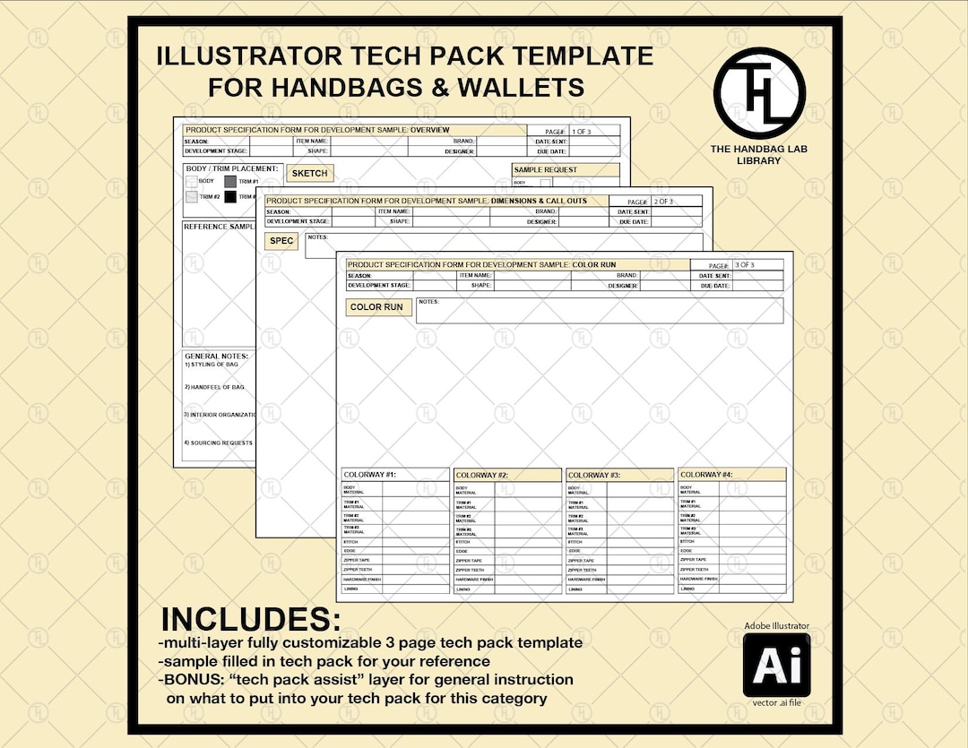 Illustrator Tech Pack Template for Handbags and Wallets (includes ...