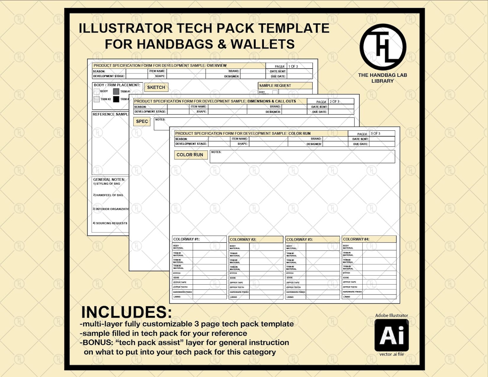 Illustrator Tech Pack Template for Handbags and Wallets (includes ...
