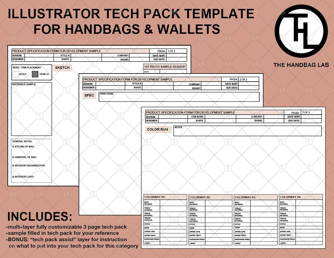 Illustrator Tech Pack Template for Handbags and Wallets includes ...