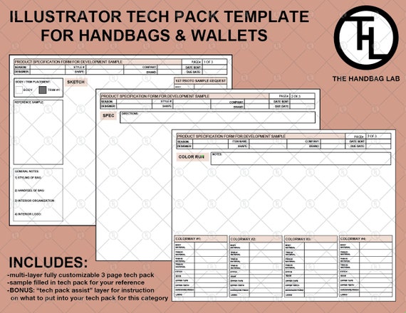 Illustrator Tech Pack Template for Handbags and Wallets | Etsy