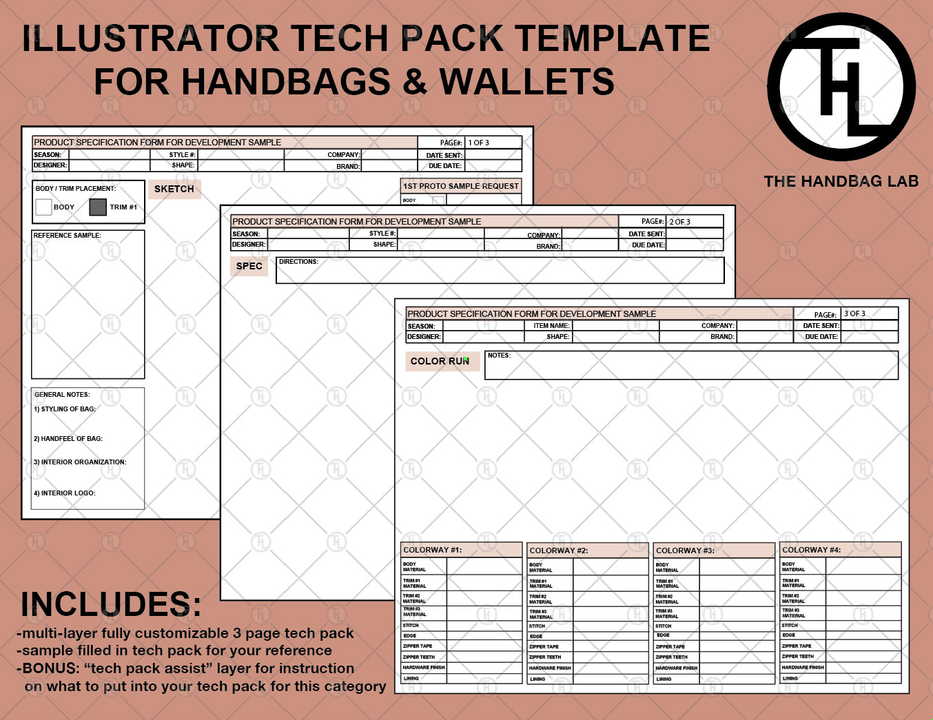 Illustrator Tech Pack Template for Handbags and Wallets includes Additional Tech Pack Assist ...