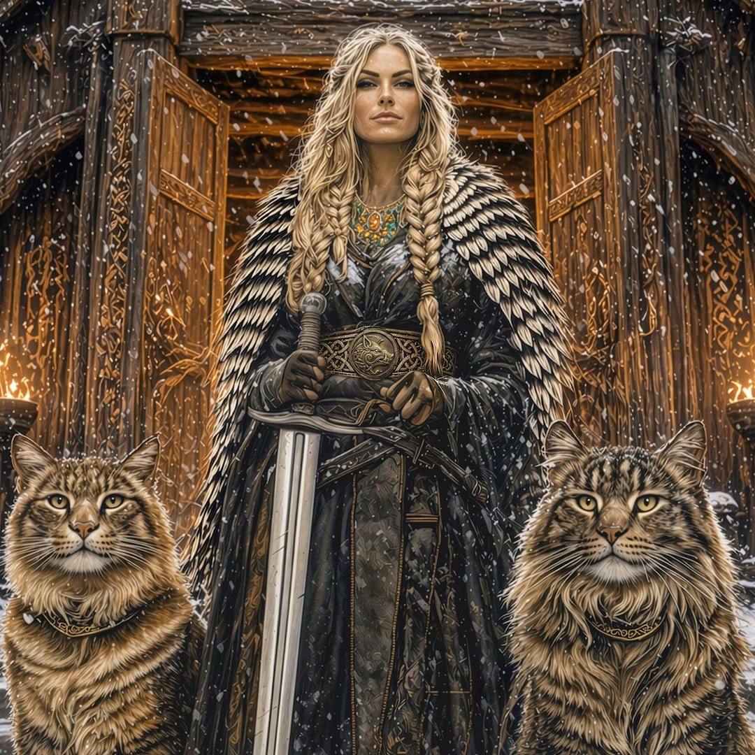 Norse Goddess Freya Art Print, Valkyrie Warrior Painting, Falcon Cloak ...