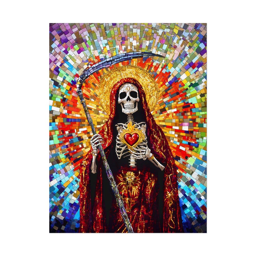 Santa Muerte Rolled Art Print, Mexican Folk Saint Red Robe Mosaic Art ...