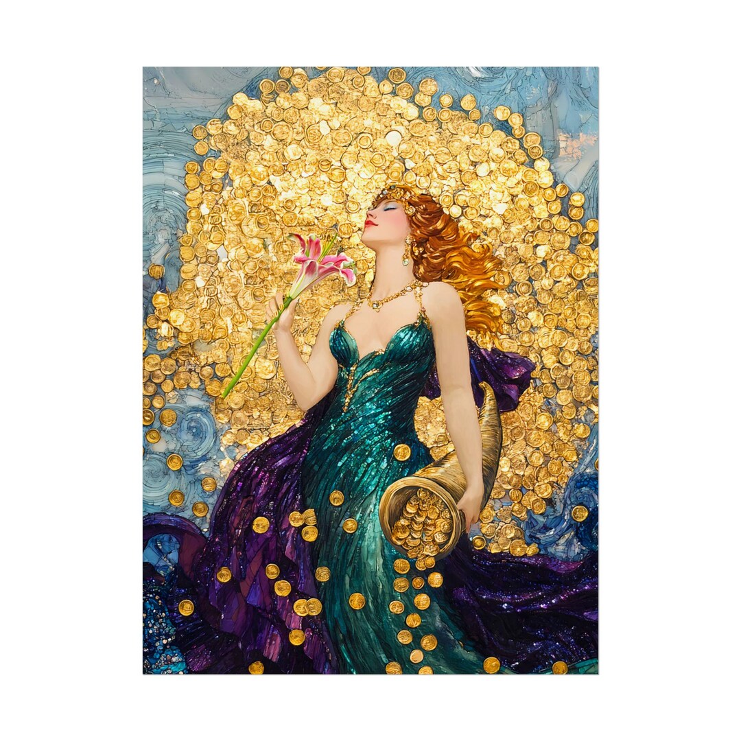 Art Print, Vibrant Fortuna Painting With Golden Cornucopia, Prosperity ...