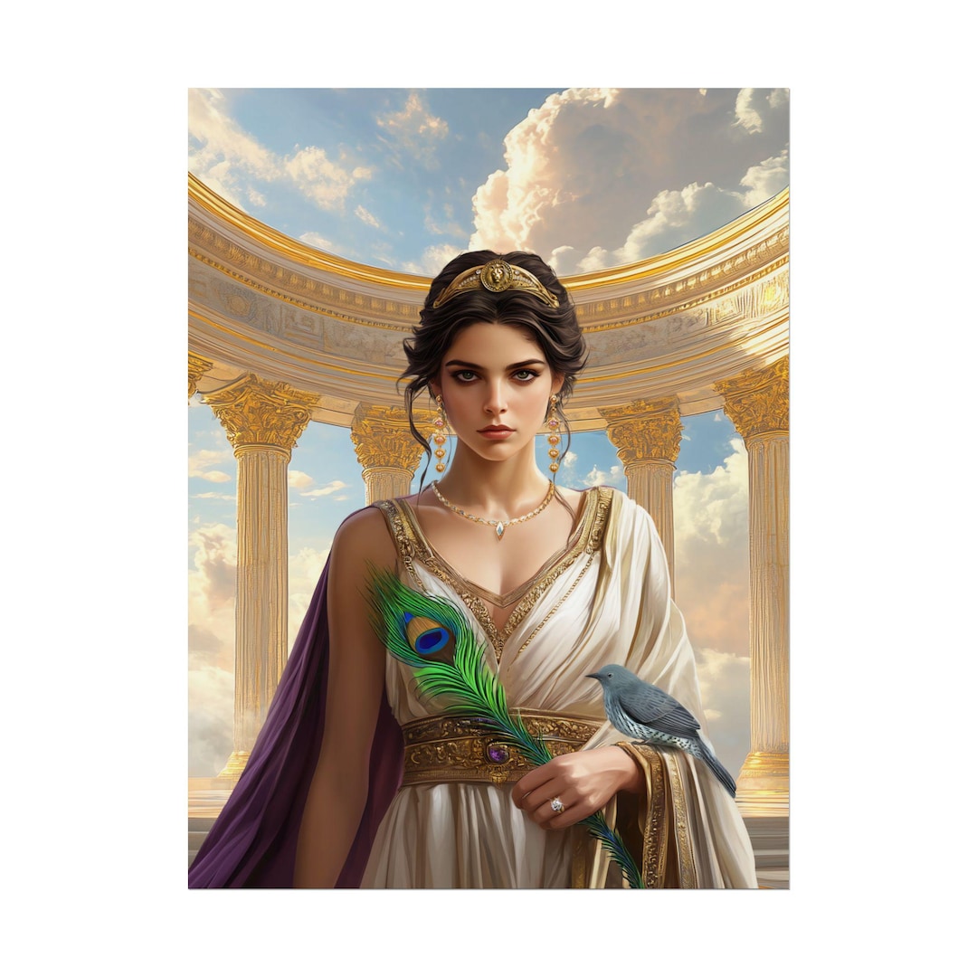 Classical Goddess Hera Rolled Posters, Greek Mythology Wall Art, Peacock Feather Painting, Zeus ...