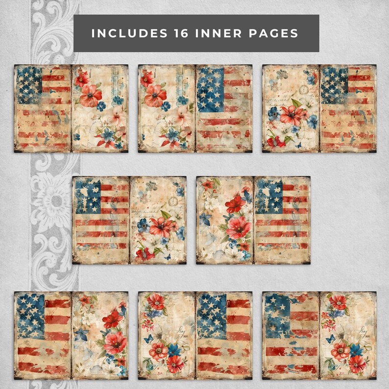 Vintage Floral American Flag Junk Journal Pages Digital Print Beige ...
