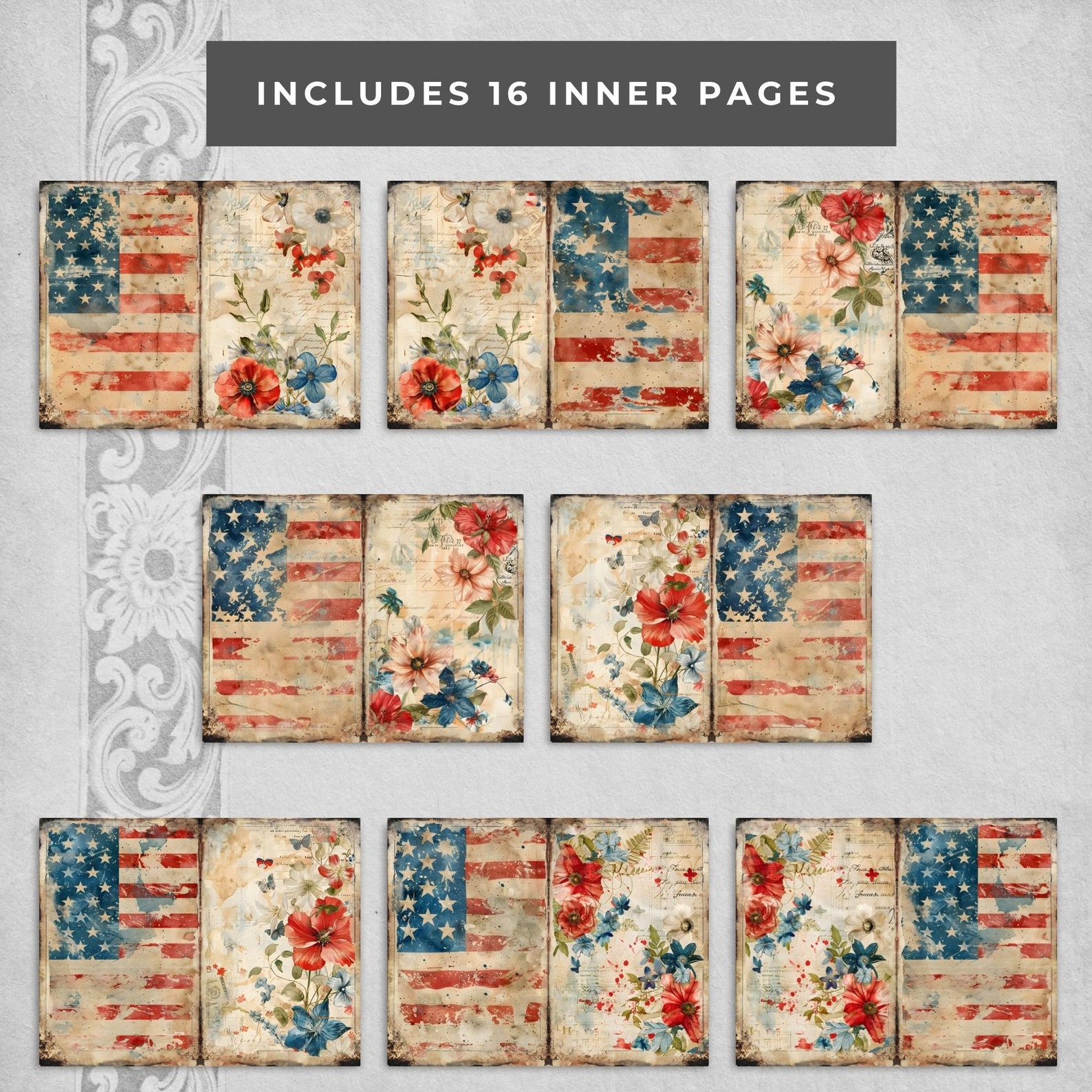 Vintage Floral American Flag Junk Journal Pages Digital Print Beige ...