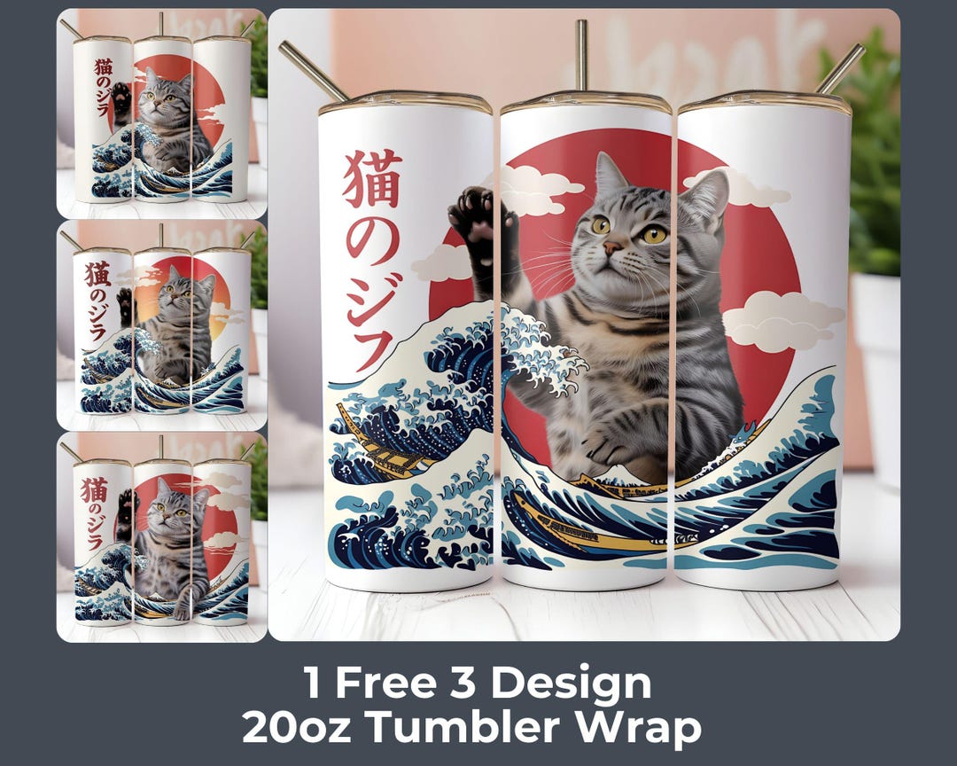 Neko No Jira Cat Tumbler Wrap PNG, Japanese Godzilla Cat Ukiyo-e Wave ...