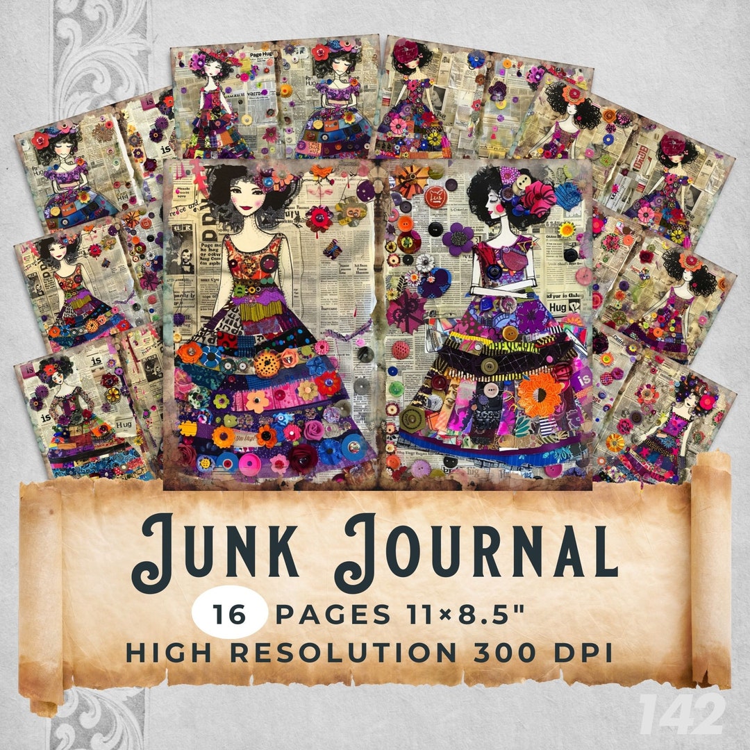 Digital Collage Girl Dress Pieces Fabric Buttons Mix Media Journal ...
