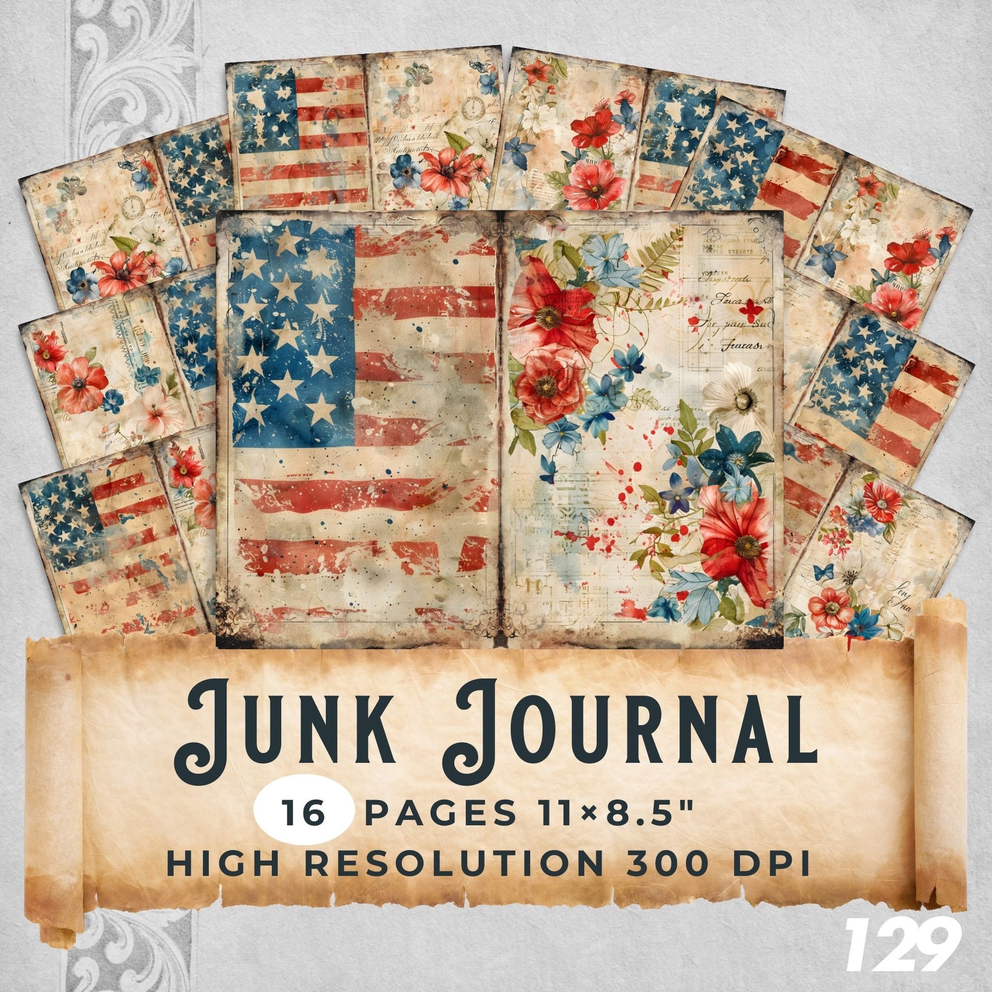 Vintage Floral American Flag Junk Journal Pages Digital Print Beige ...