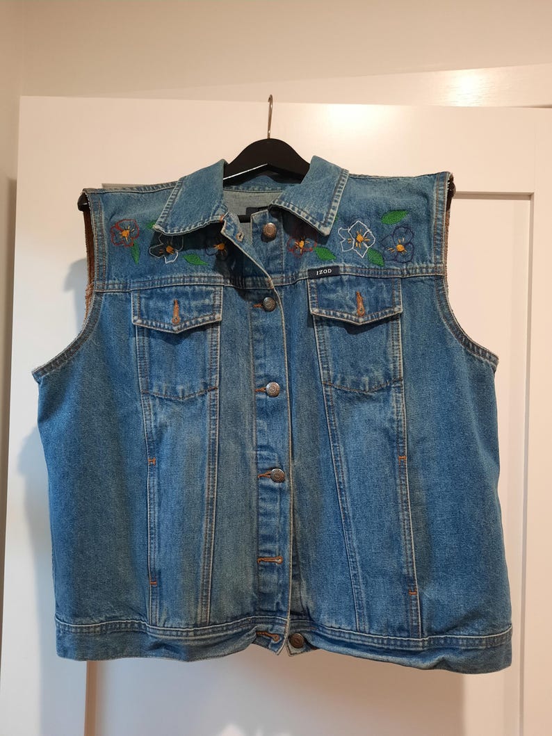 Upcycled Blue Denim Women's XL Size Izod Vest With Fabric Art Patch ...