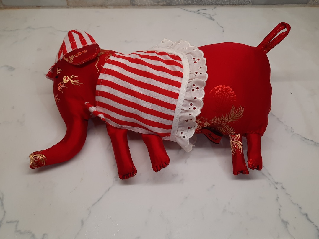 Red Satin Elephant Doll, 8 Inches Tall, Handmade Fabric Art Toy, Lovely ...