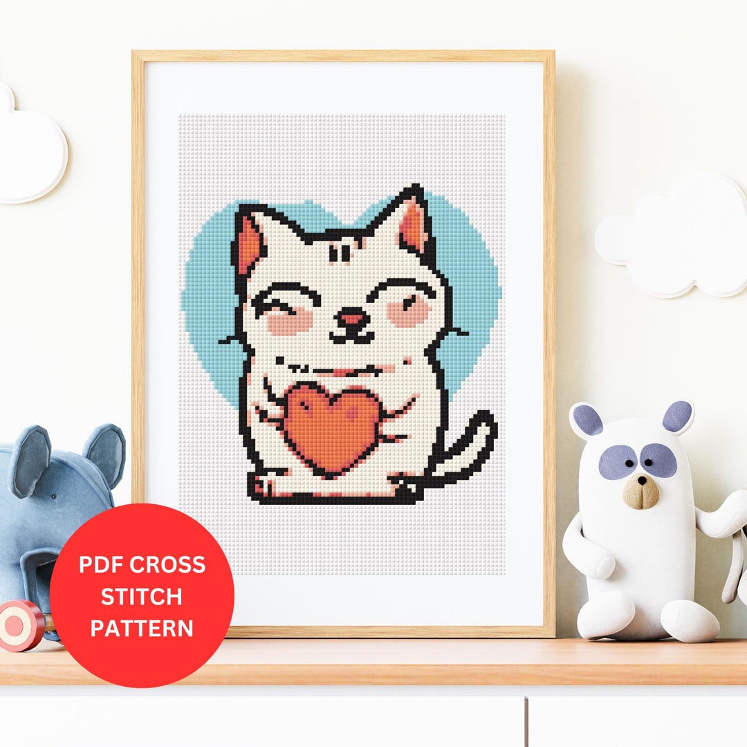 Cute Cat Holding Heart Cross Stitch Pattern PDF | Digital Download ...