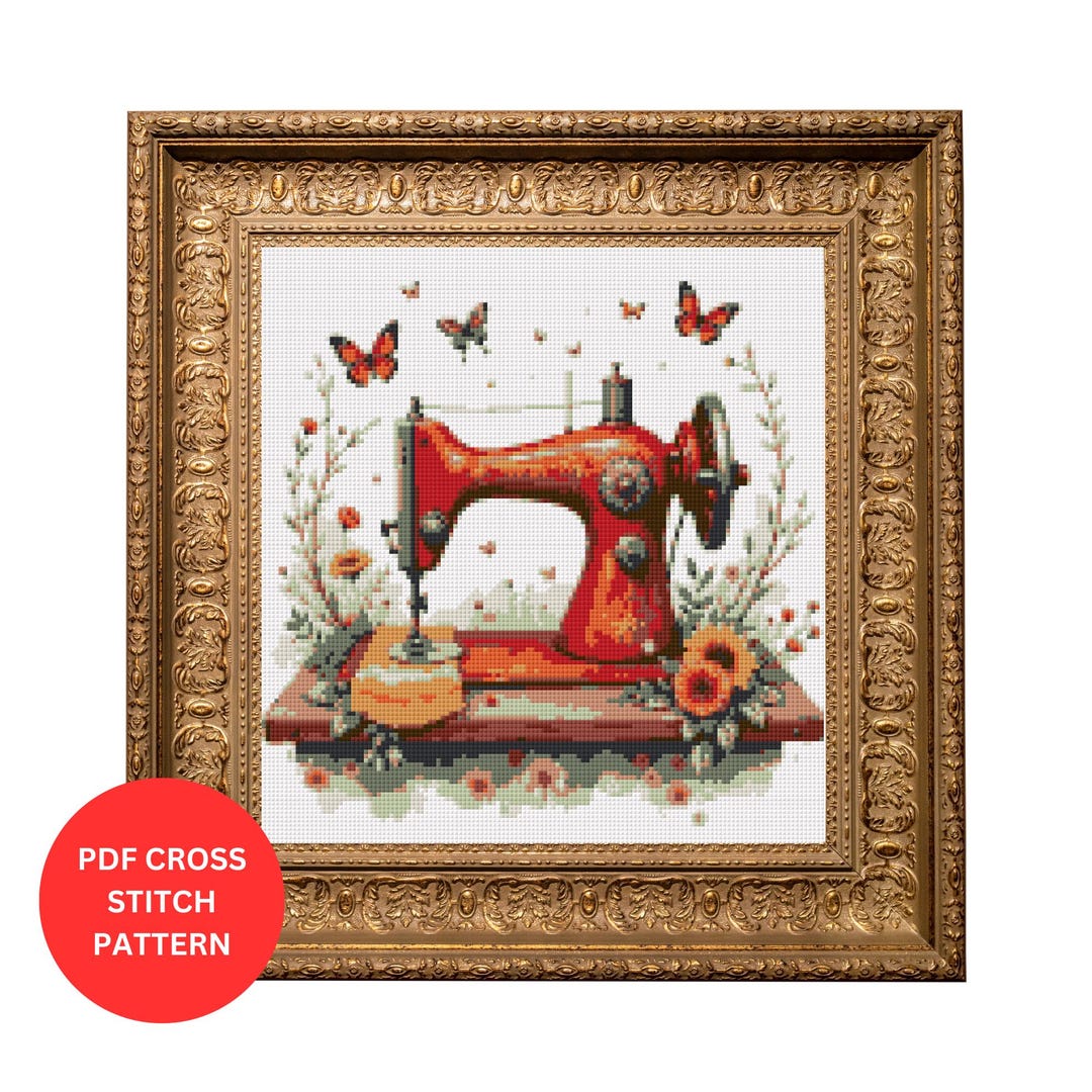 Vintage Red Sewing Machine Cross Stitch Pattern PDF | Floral Embroidery ...