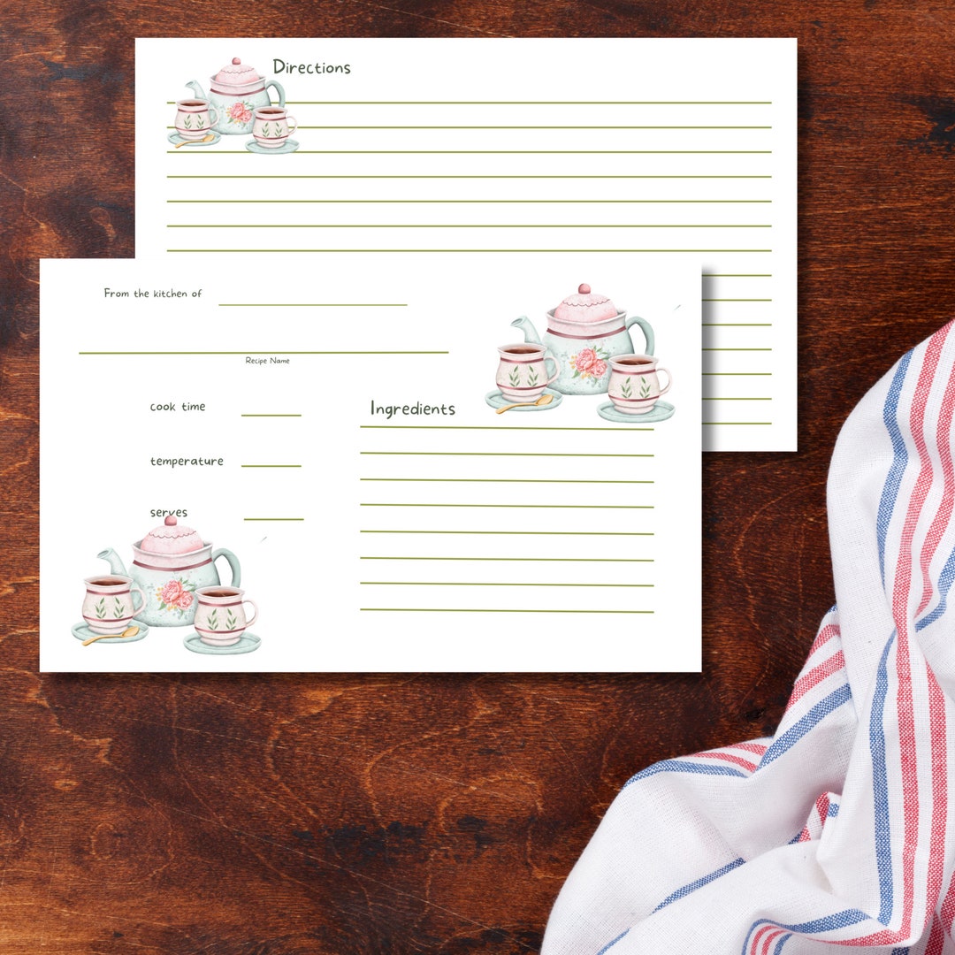 Cute Tea Pot Theme Recipe Cards, Set of 20 Recipe Card Template, Best ...