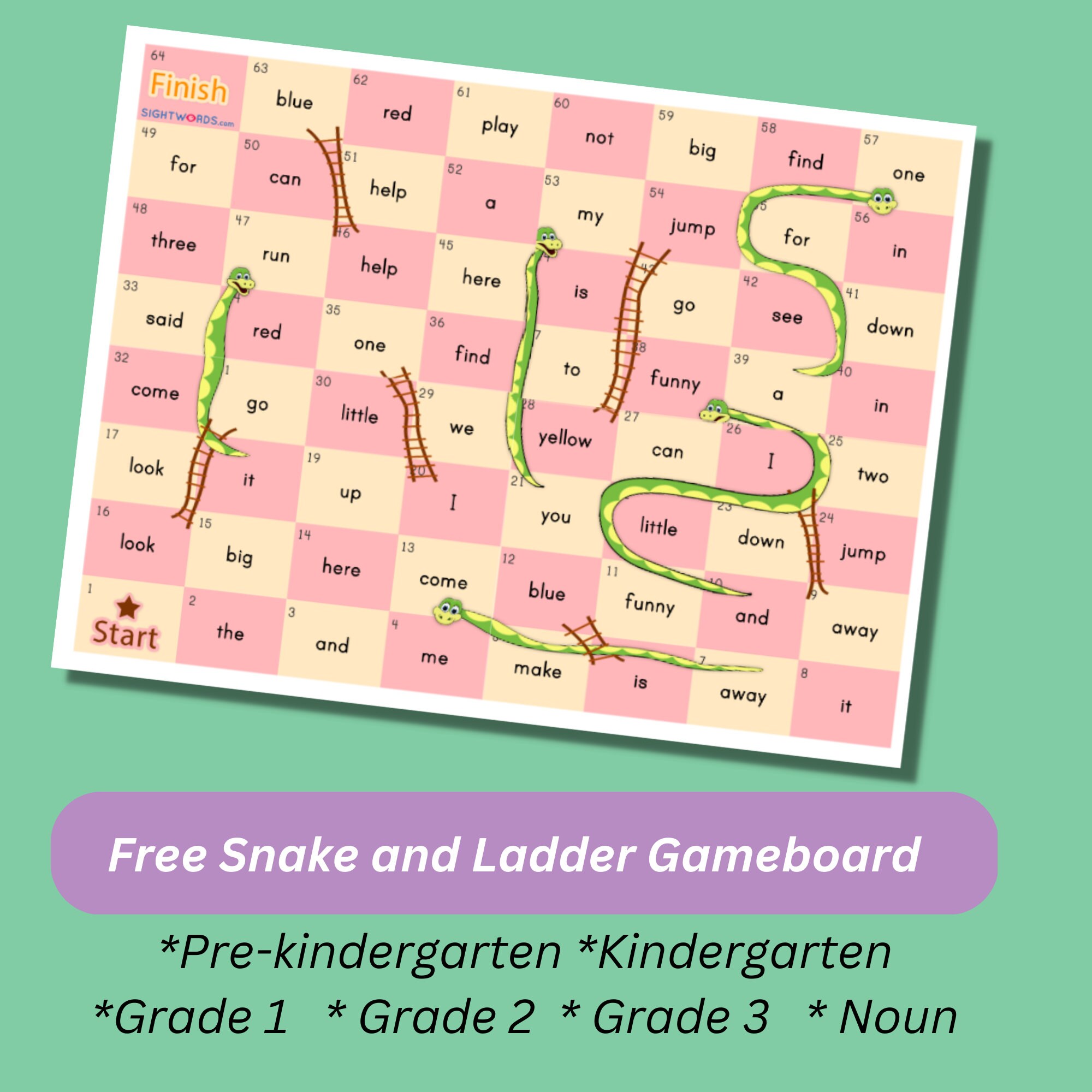 Dolch Sight Word Flashcards Digital Download Kindergarten Flashcard Set Snake & Ladder ...