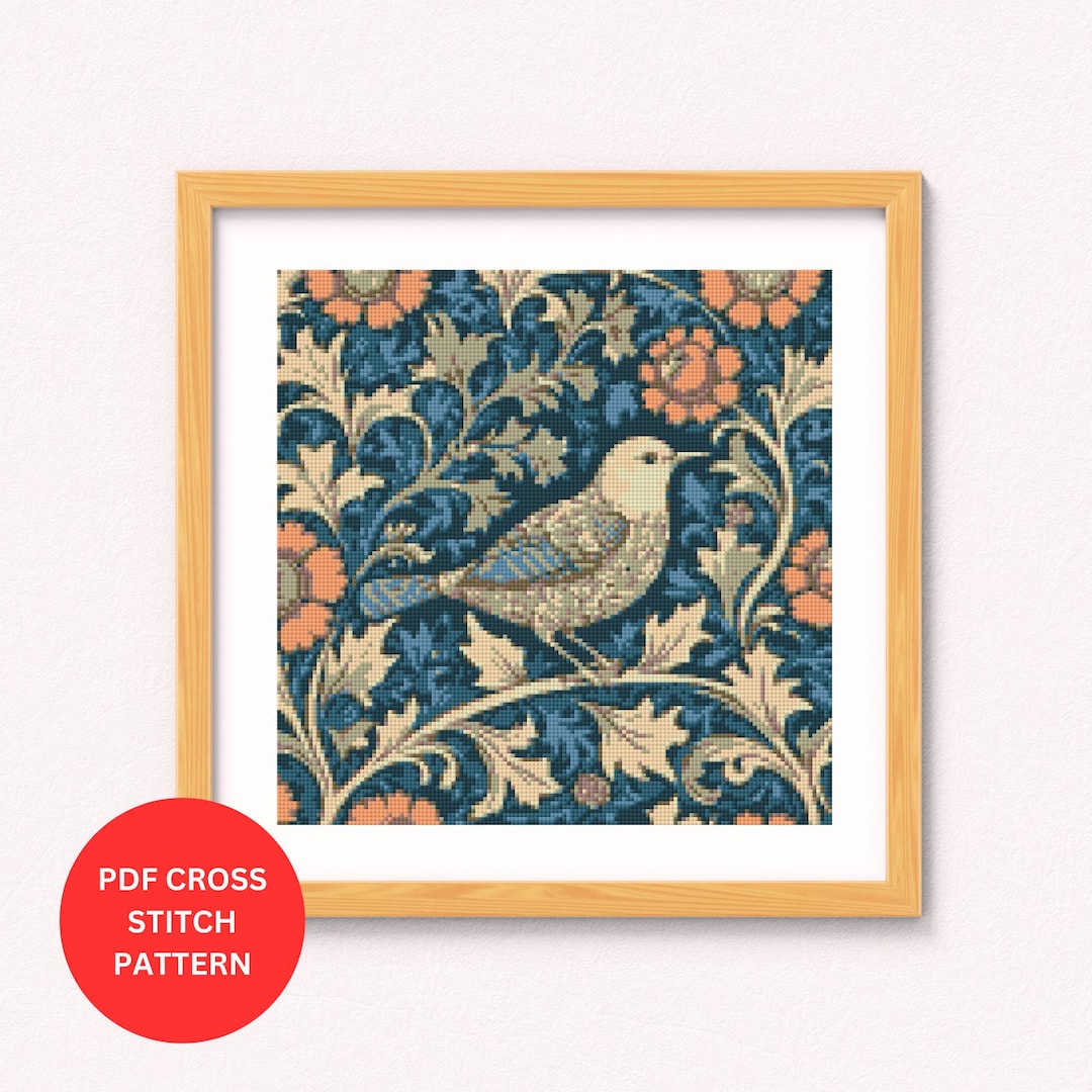 William Morris Inspired Bird Wallpaper Floral Design Cross Stitch ...