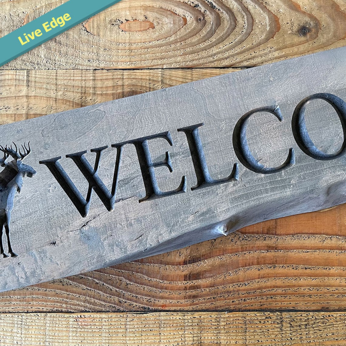 Wood Carved Deer Welcome Sign Welcome Live Edge Sign Rustic - Etsy