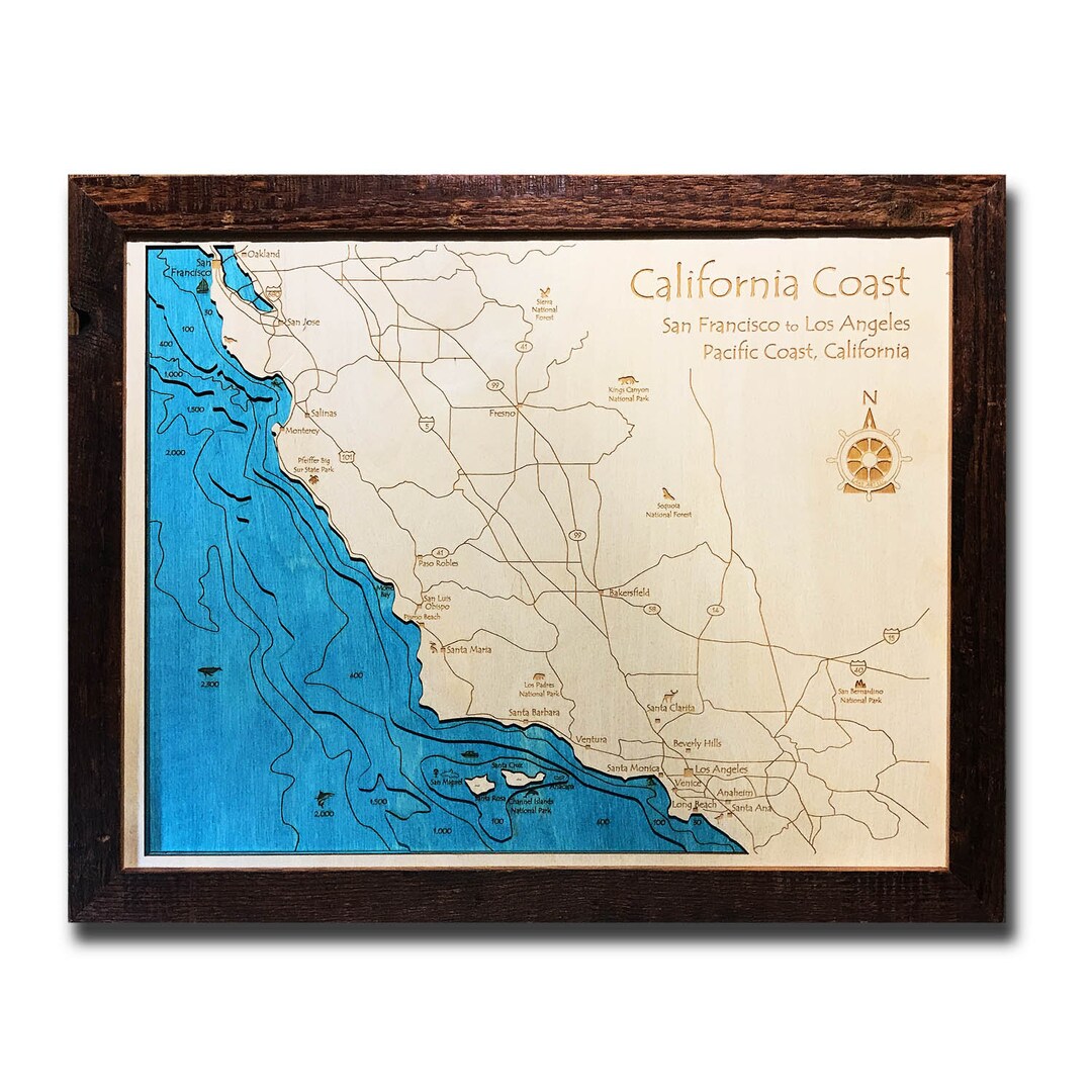 California Coast san Francisco to Los Angeles 3D Wood Map Nautical Wood ...