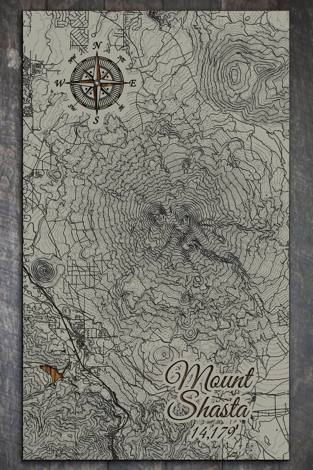 Mount Shasta Wood Topo Map Laser-engraved Burnt Wooden Map Custom Wood ...