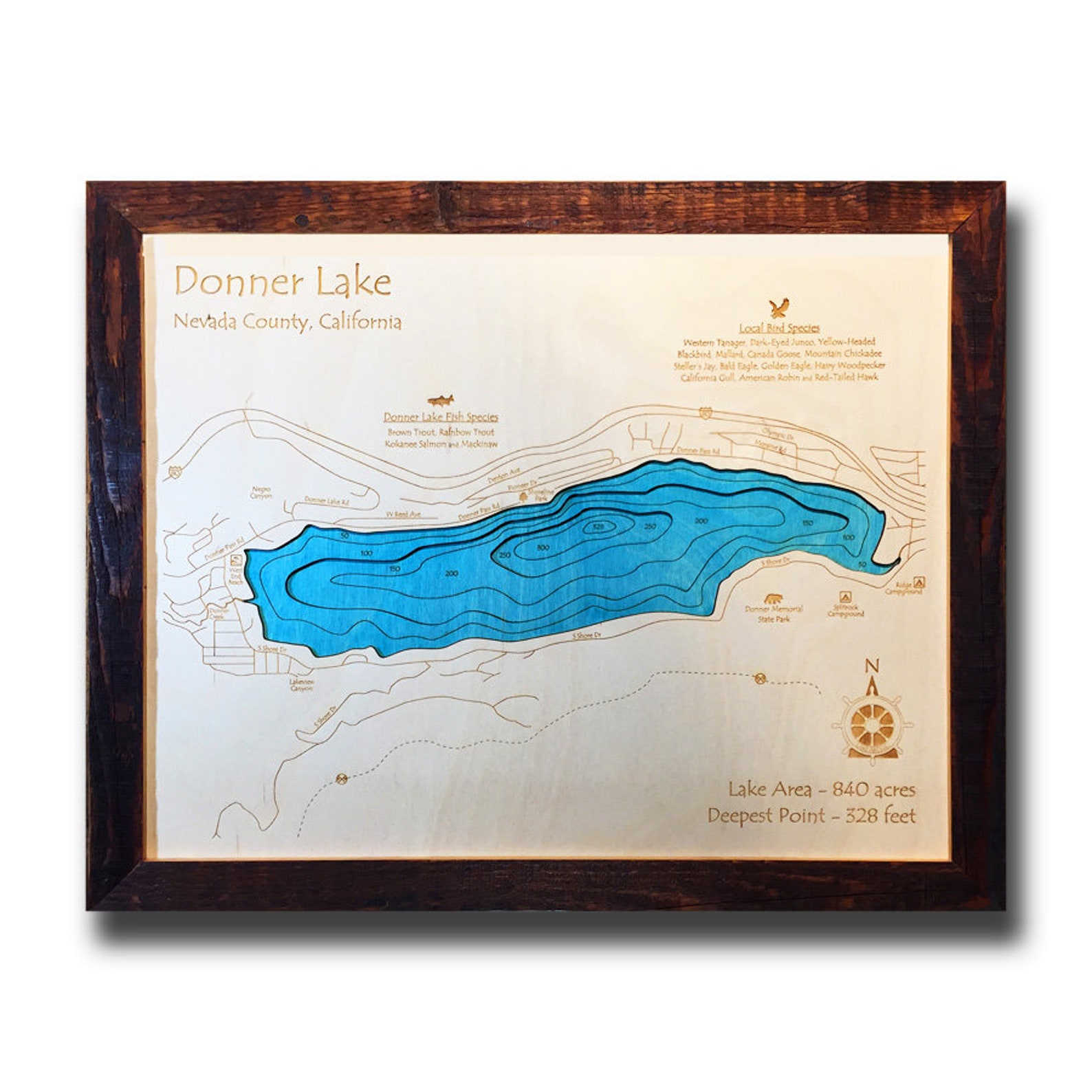Custom Donner Lake 3D Wood Map Nautical Depth Map of Donner - Etsy