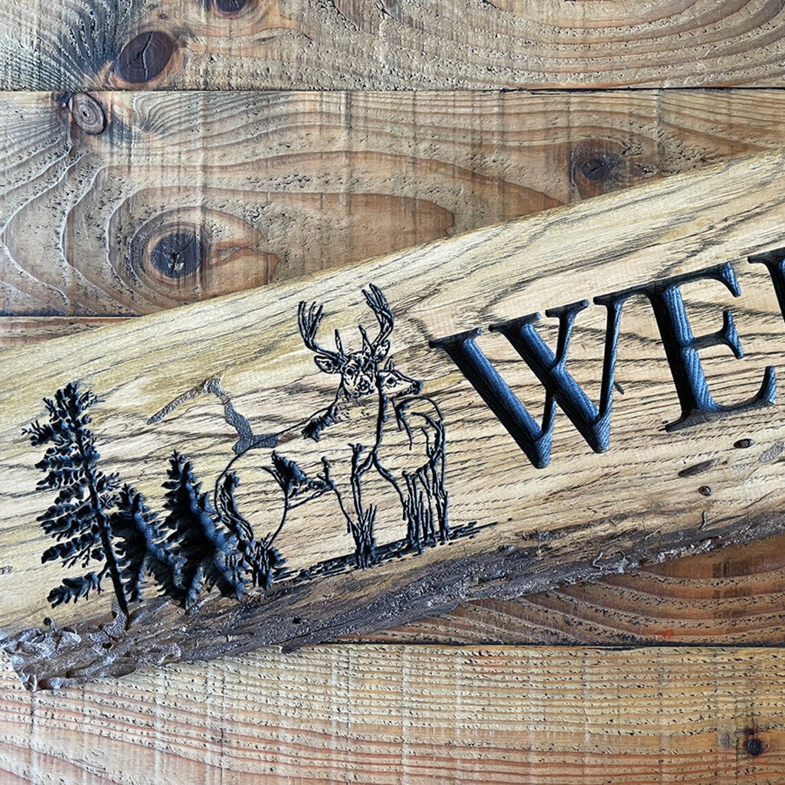 Wood Carved Deer Welcome Sign Welcome Live Edge Sign Rustic - Etsy