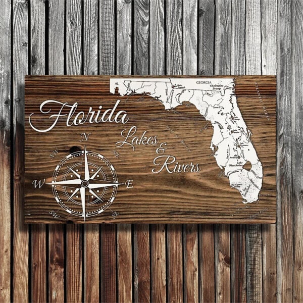 Florida Lakes and Rivers Wood Map Laser-engraved Burnt Wooden Map ...