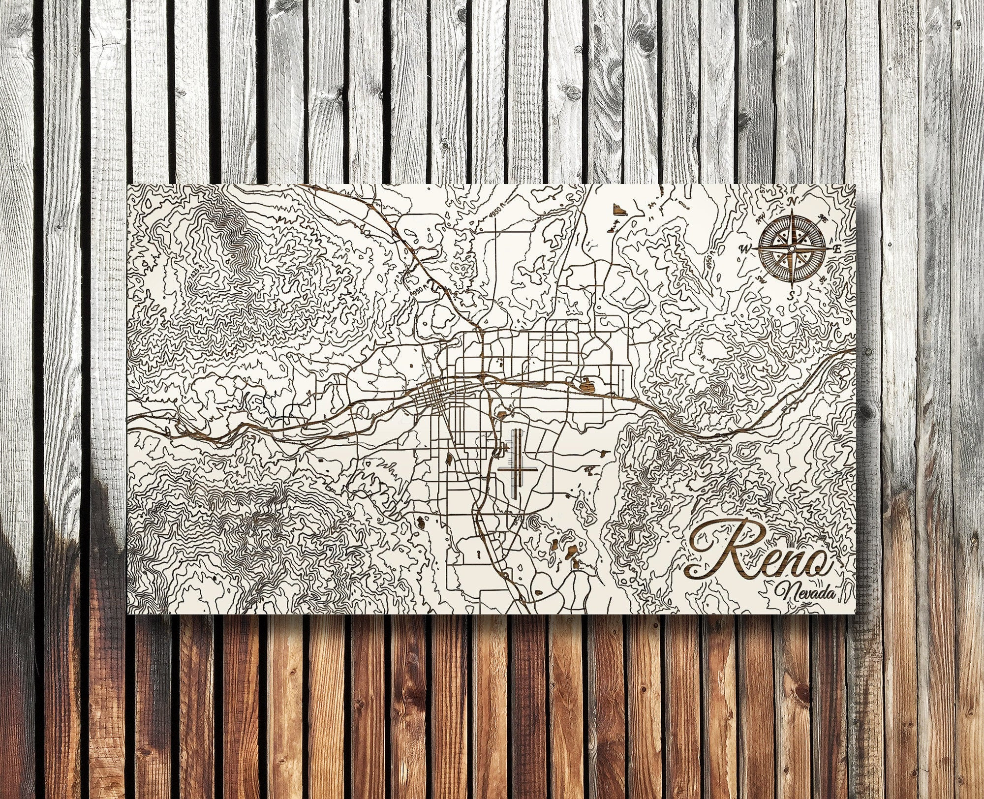 Reno Nevada Wood Street Map (small) | Laser-engraved Burnt Wooden Map ...