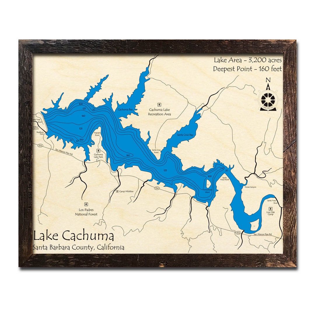 Lake Cachuma, CA 3D Wood Map | California | Custom Nautical Wood Chart ...