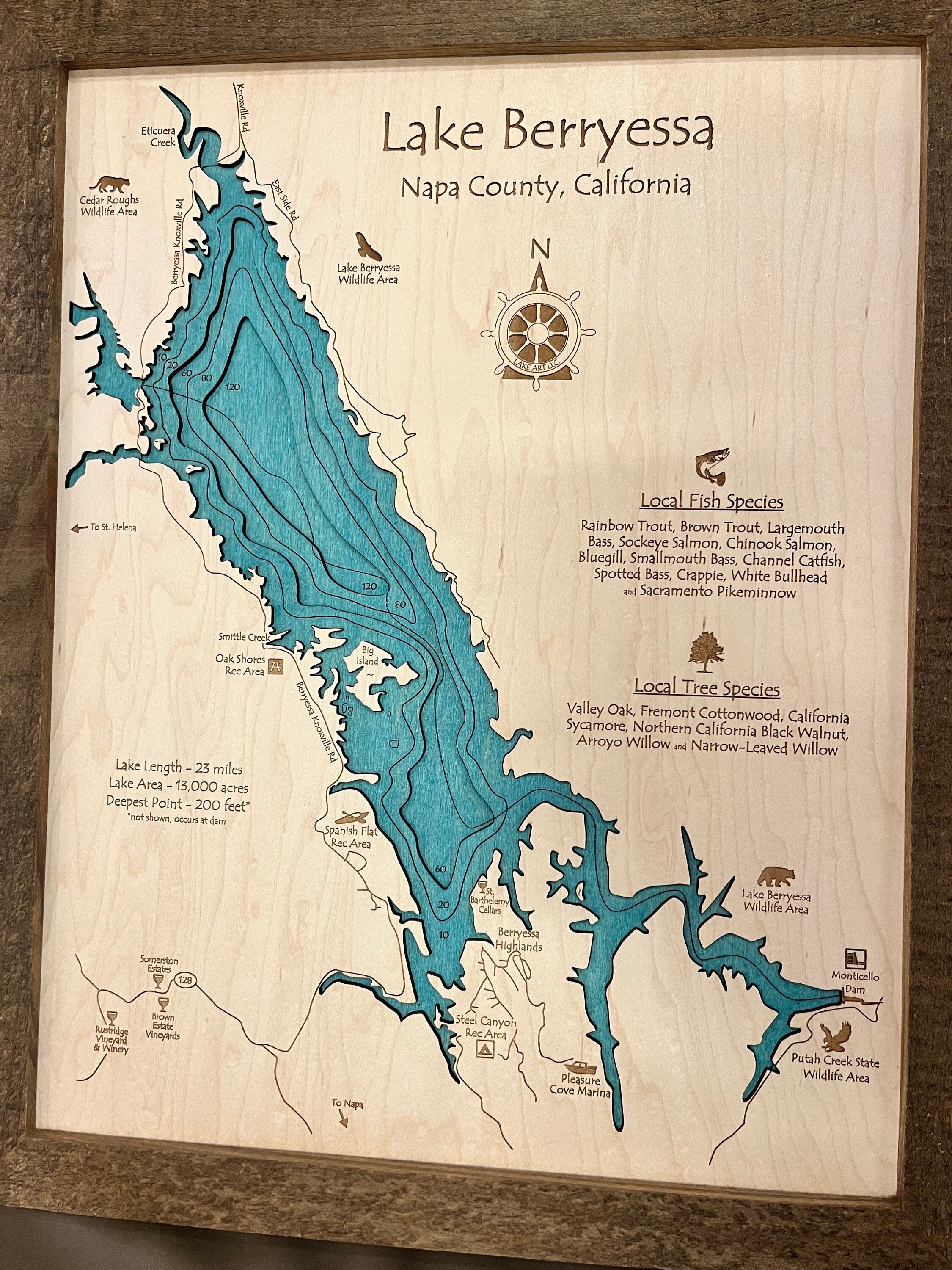 Lake Berryessa CA 3D Wood Map | California | Nautical Wood Chart ...