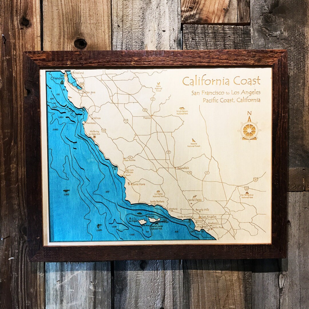 Wooden California Coast Map san Francisco to Los Angeles 3D Wood Map ...