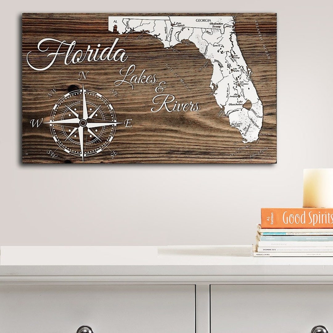 Florida Lakes and Rivers Wood Map | Laser-engraved Burnt Wooden Map ...