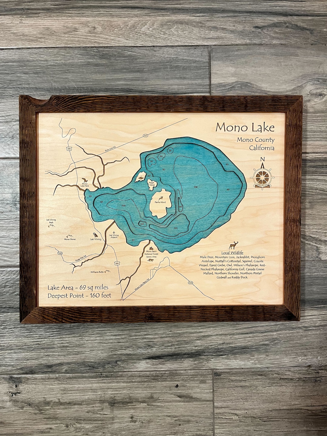 Mono Lake CA 3D Wood Map - 14" X 18" Barnwood Framed Artwork ...