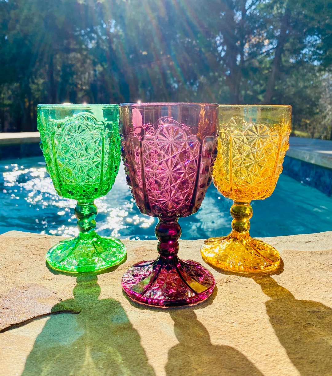 Vintage Set of Daisy and Button Pattern Water Goblets by L.G. Wright ...