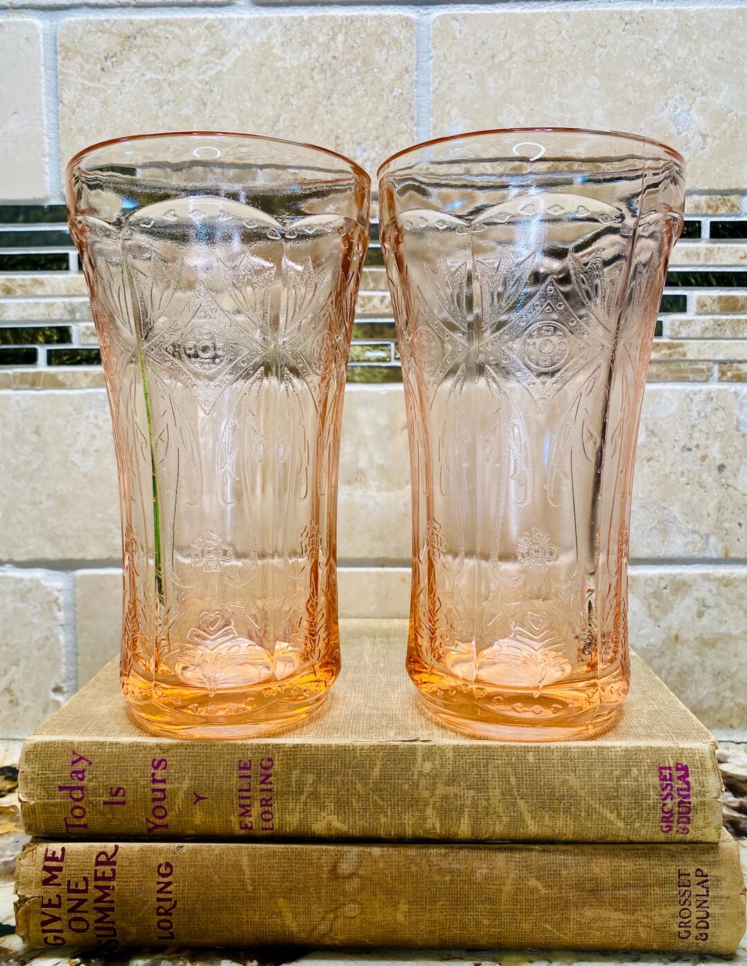 Vintage Pair Indiana Glass Madrid Recollection Pink Glass Tumblers 6.5 ...