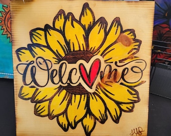 Wood Burned Sunflower Welcome Sign - Etsy