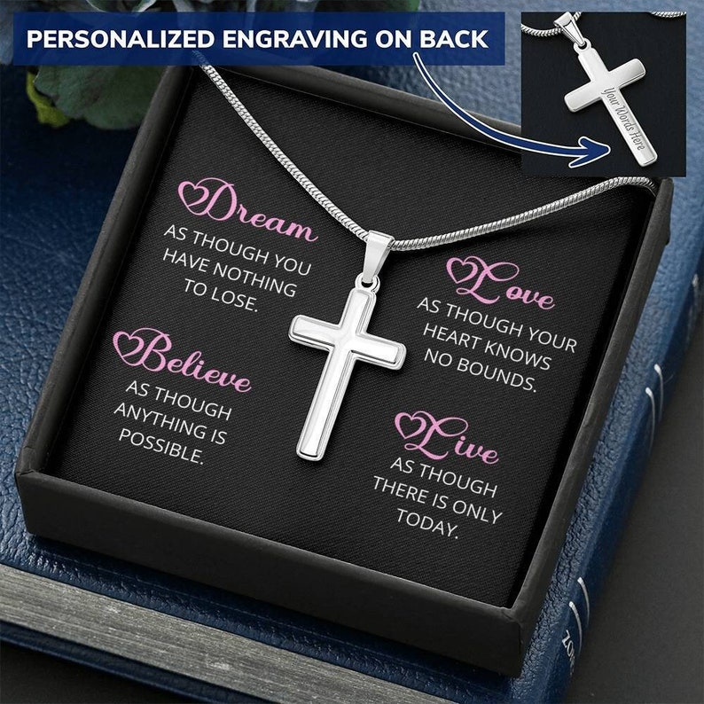 Engraved Cross Necklace: Personalized Stainless Steel Pendant - Etsy