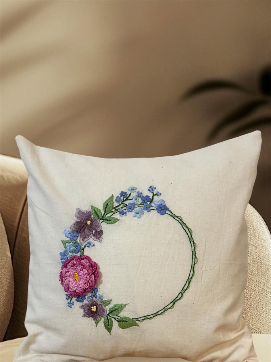 Hand-embroidered Pillow Featuring a Flower Wreath - Etsy
