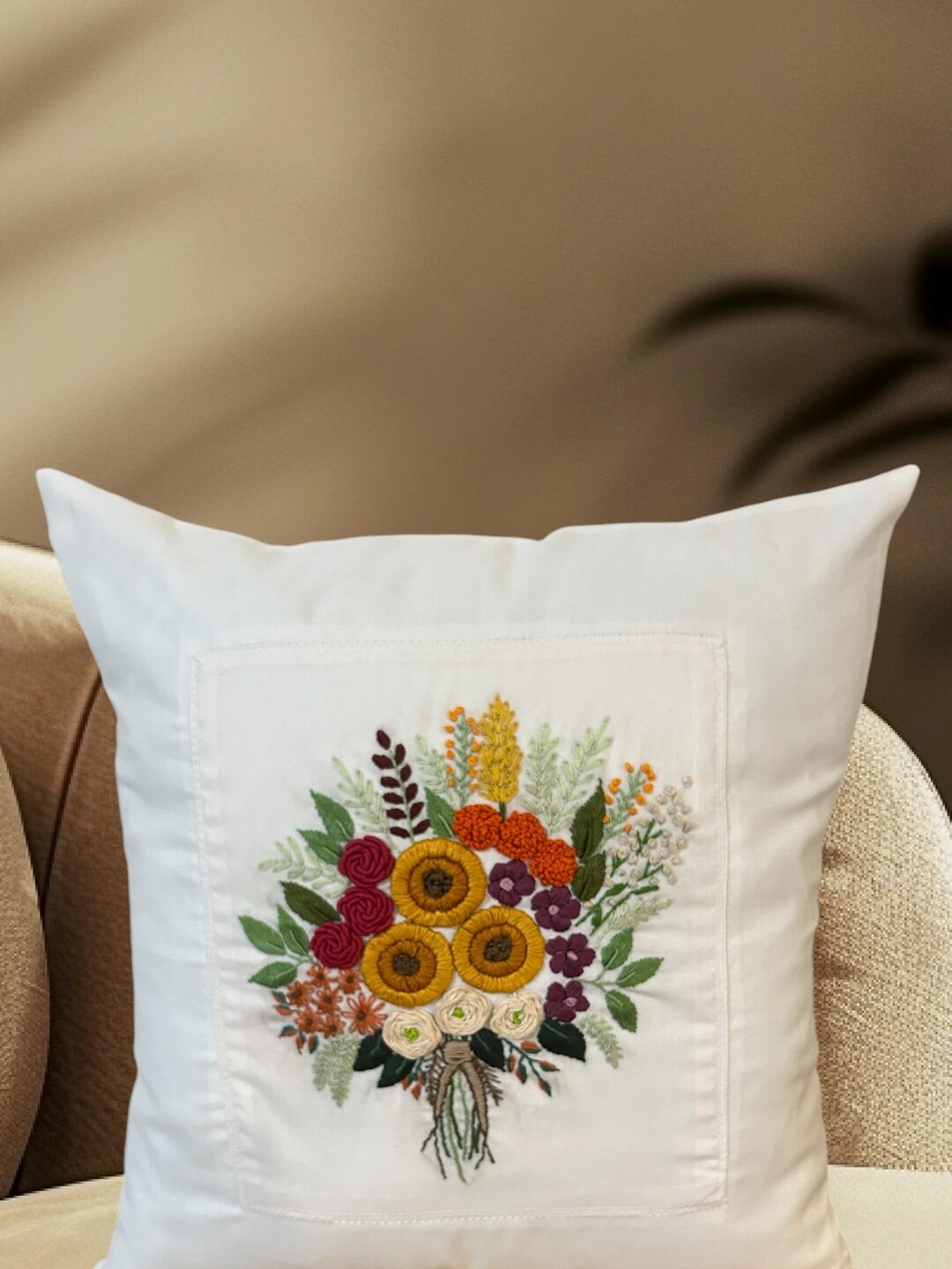 Hand-embroidered Pillow Featuring a Flower Bouquet in Fall Colors - Etsy
