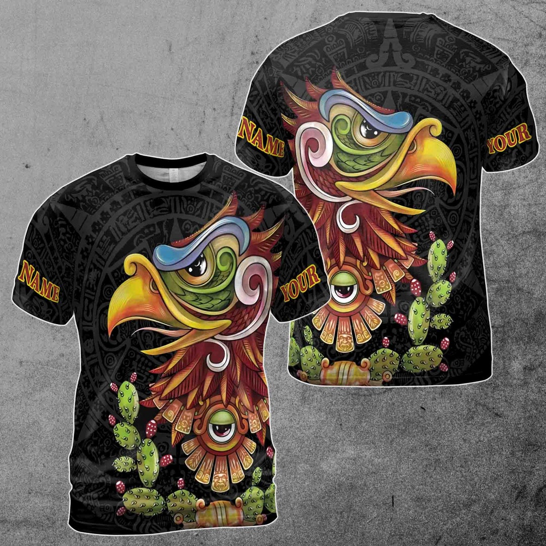 Custom Name Mexico Coat of Arms Ollin Eyes Eagle Aztec Pattern Shirt S ...