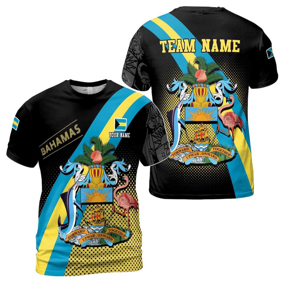 Custom Name Bahamas Flag Coat of Arms Emblem Black Men's T-shirt S-5XL ...